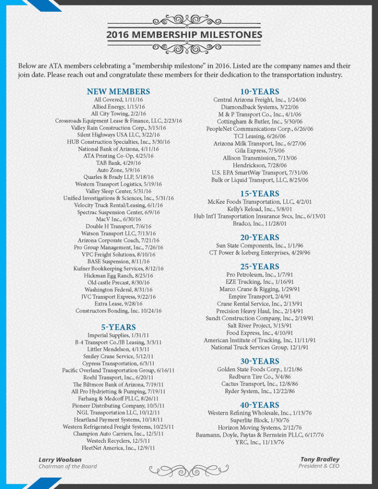 2016 ATA Membership Milestones - Arizona Trucking Association